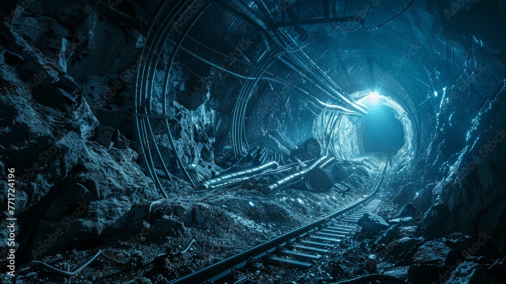 Collapsed mine tunnel with rail track - Mysterious scene of a collapsed ...