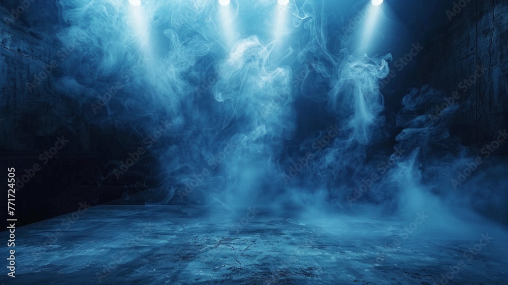 Misty blue room with spotlight and smoke - An enigmatic image featuring ...