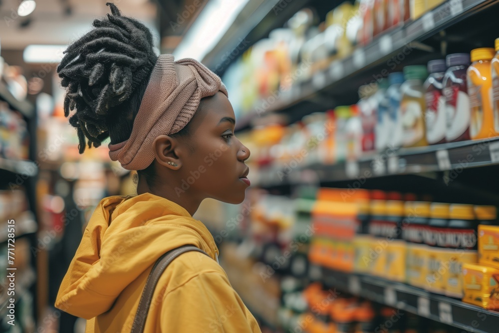 Woman carefully comparing product ingredients on food labels while ...