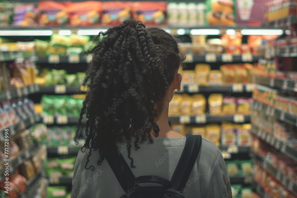 Woman carefully comparing product ingredients on food labels while ...