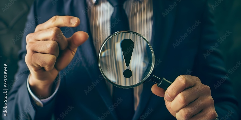 Businessman using magnifier to investigate incident with exclamation ...