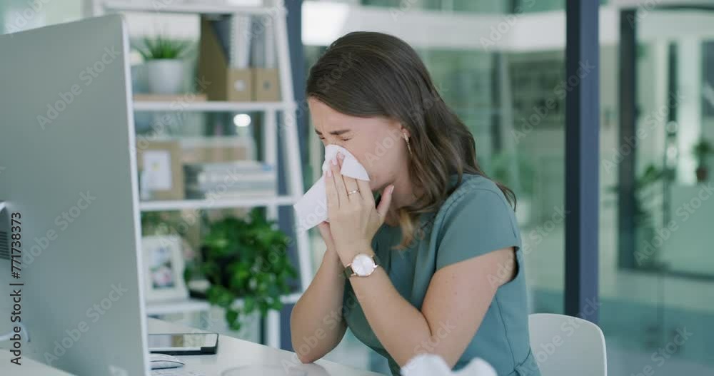 Sick business woman, sneeze and blowing nose by computer for virus ...