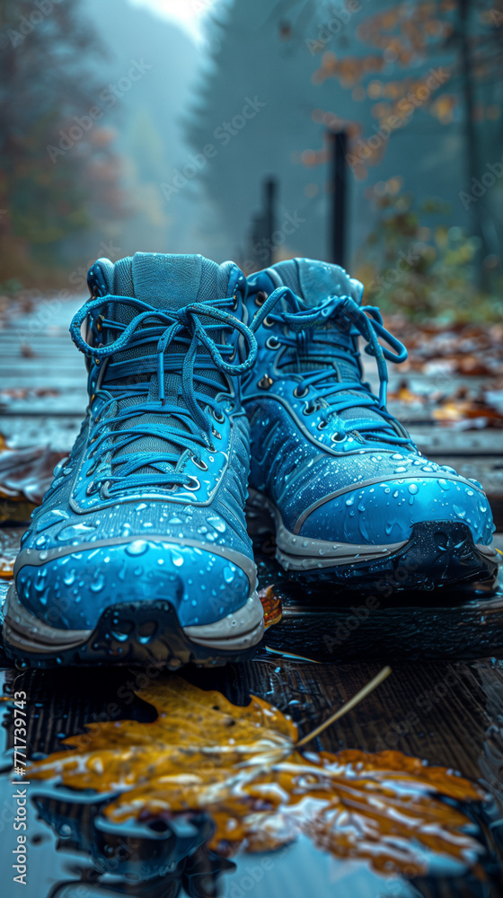 Water droplets adorn blue hiking boots on a wet wooden surface ...