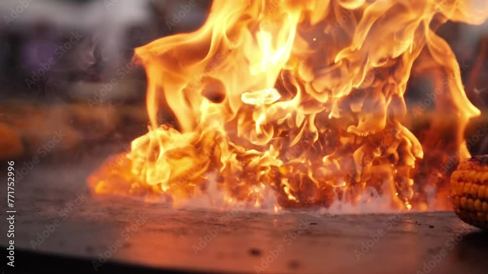 Burnt golden corncobs are cooked with smoke and flame on a grill or ...