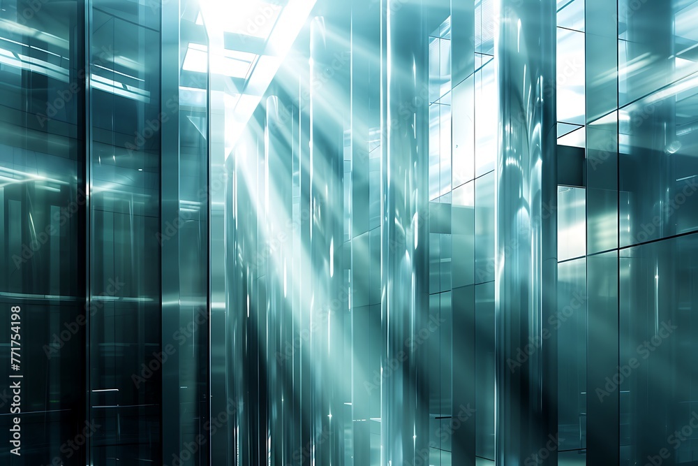 Abstract glass and chrome office interior background with sun ra ...