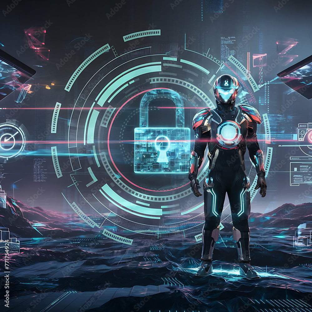 cybersecurity, with digital locks, shields, and security symbols ...
