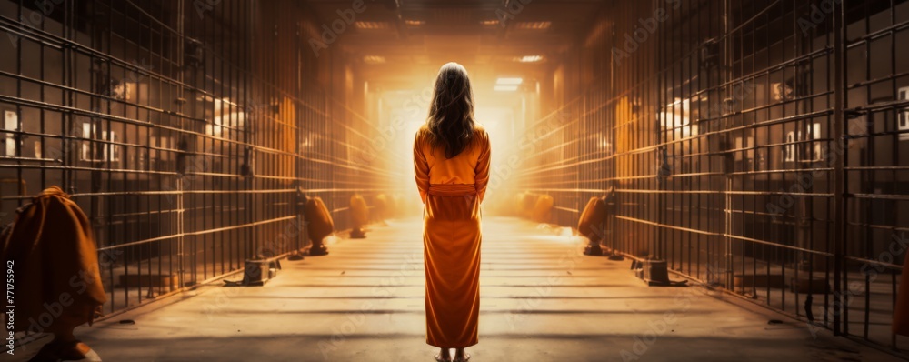 Women prisoner in orange suit lives in prison, banner. Generative Ai ...