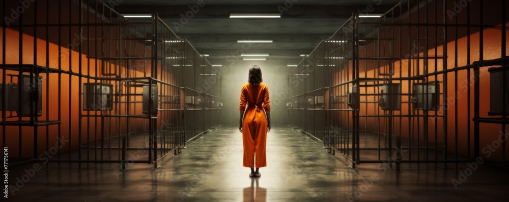 Women prisoner in orange suit lives in prison, banner. Generative Ai ...