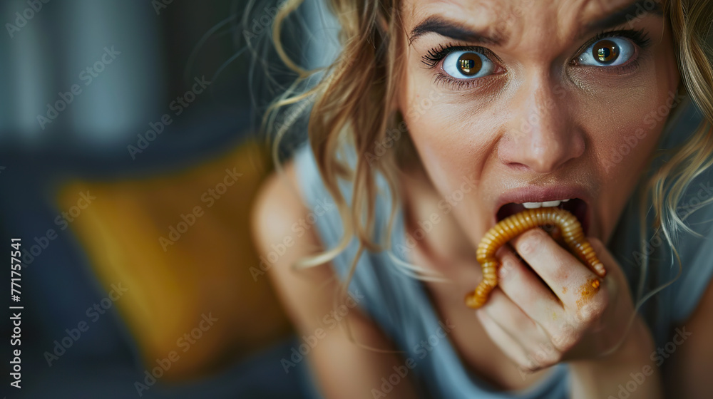 Close-up of a disappointed expression on the face of a woman eating a ...