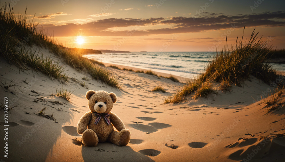 Serene Sunset at the Beach with a Teddy Bear in the Sand Dunes Stock ...