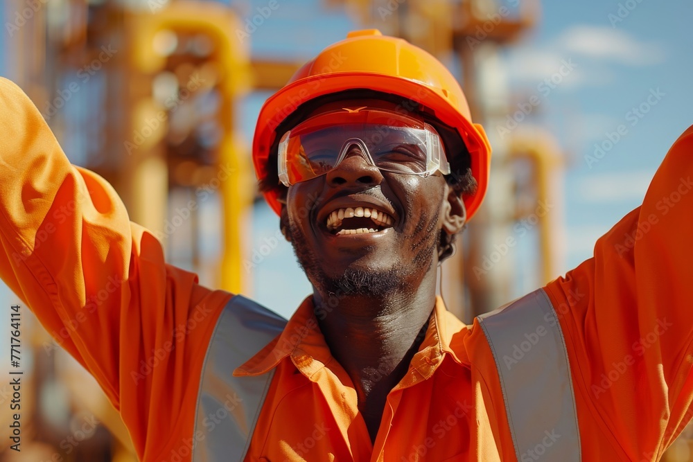 Portrait of a male African American worker at desert gas drilling site ...