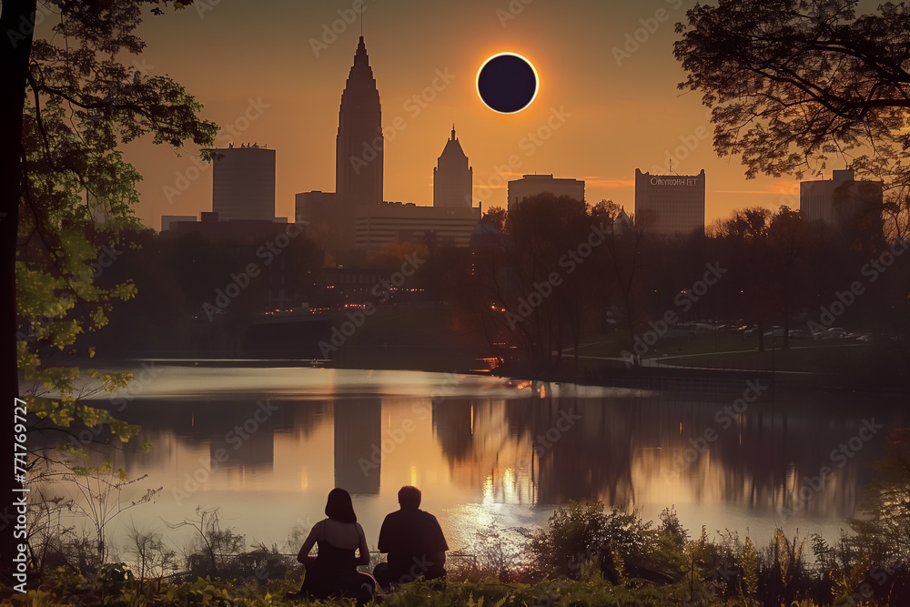 Romantic couple watching solar eclipse on lake in big city, total solar ...
