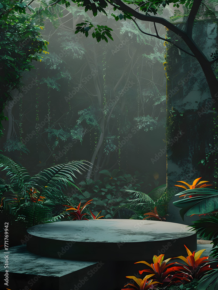 An atmospheric jungle setting with thick fog and a circular concrete ...