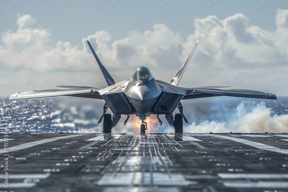 Low angle front view of an F-22 Raptor fighter jet accelerating during ...