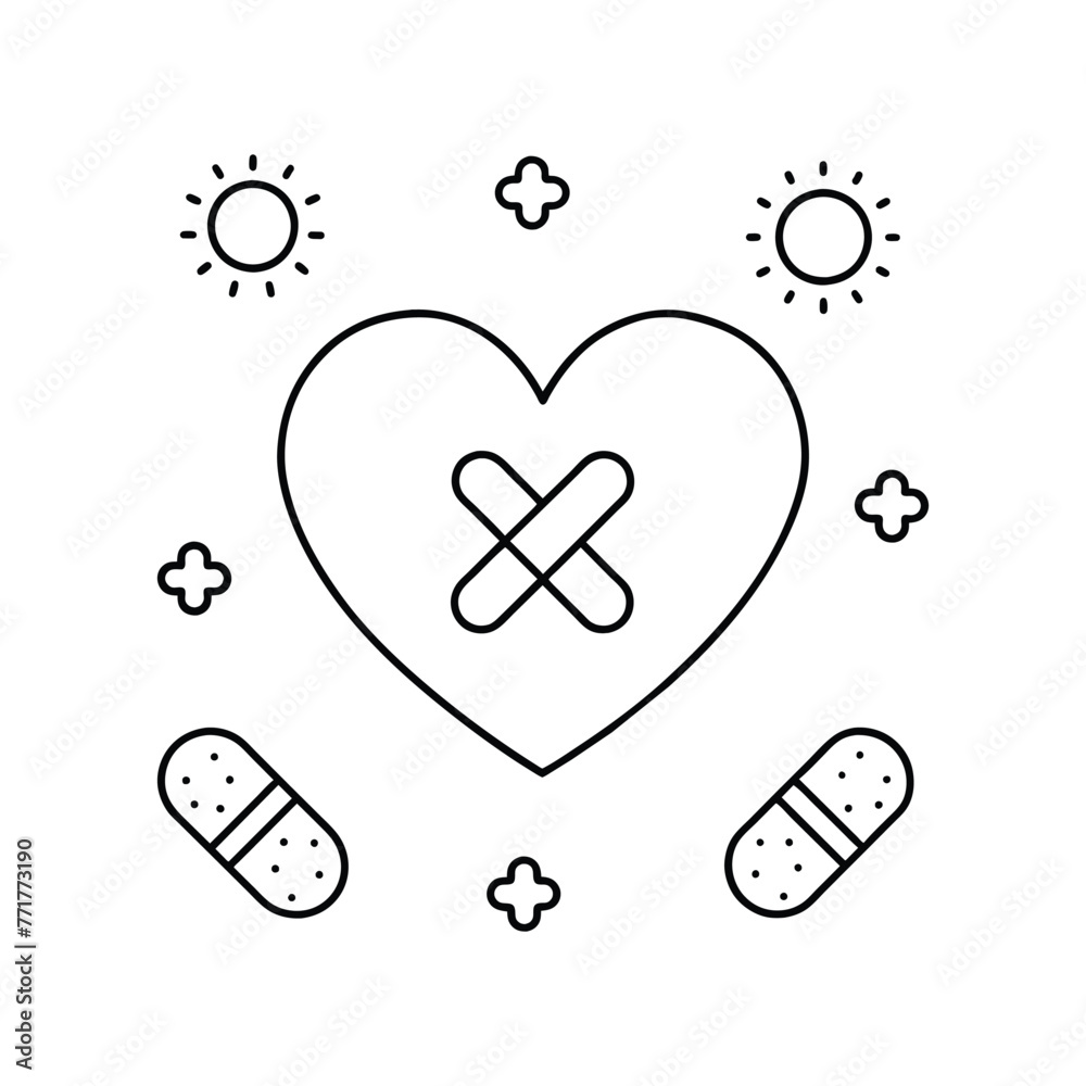 A graphic showing a heart outline surrounded by bandages and symbols ...