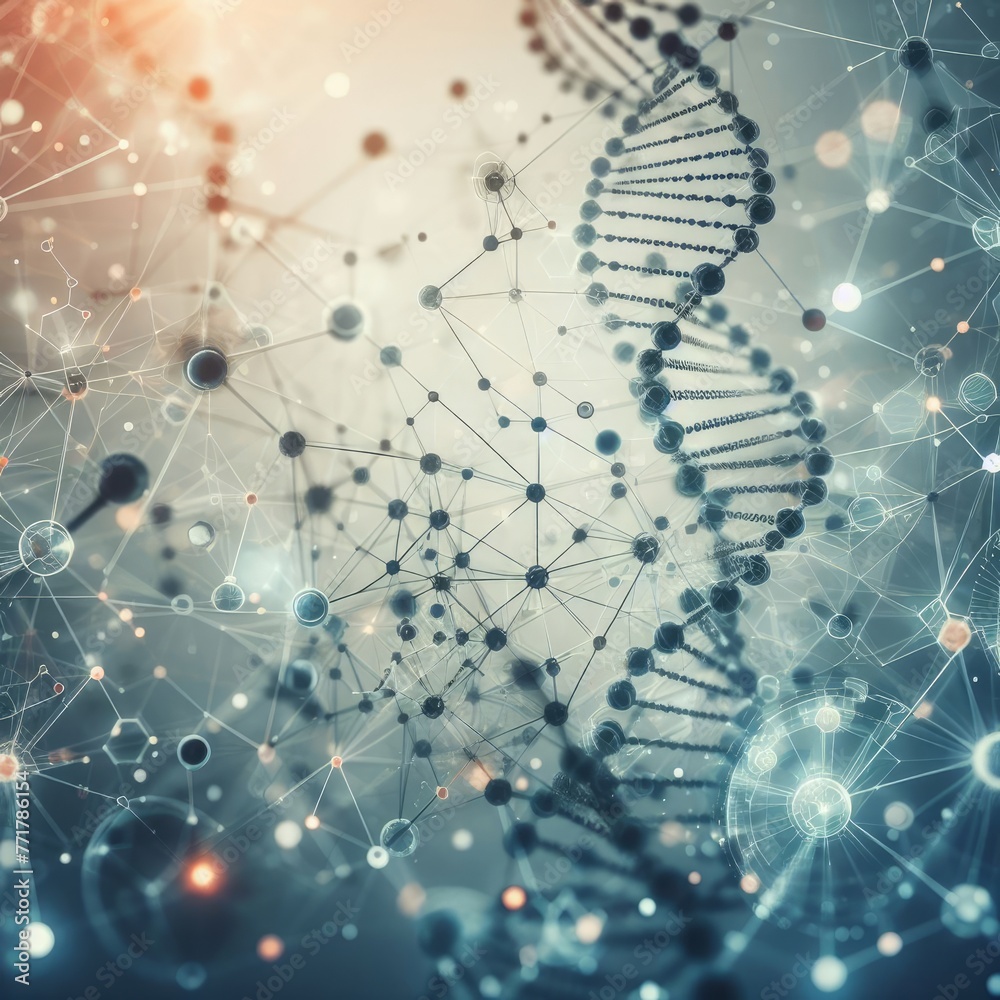 An abstract background featuring a molecular structure with a DNA motif ...