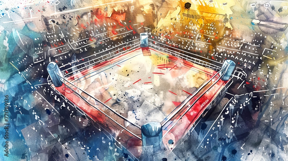 Watercolor depiction of empty boxing ring with dynamic crowd. Elevated ...