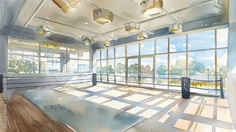 Bright watercolor illustration of a modern empty boxing gym. Sunny gym ...