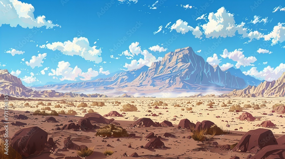 Anime-style desert landscape with majestic mountains in the distance ...