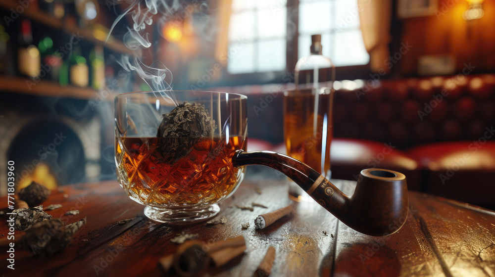 Smoking Pipe, Tobacco, and Liquor on Black Background Relax, Nicotine ...
