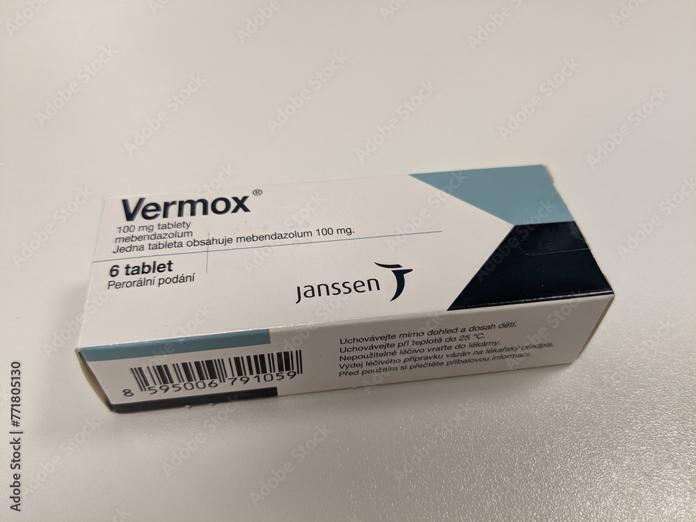 Prague,Czech republic- April 4 2024: Vermox box of medication with ...