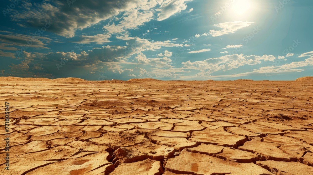 Desertification and global warming on barren land with cracked earth ...