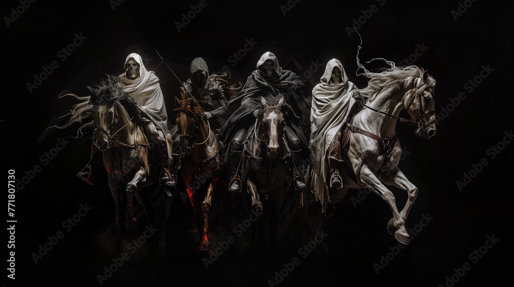 Four Horsemen of the Apocalypse on black background. A biblical ...