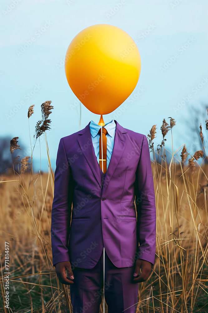 Abstract portrait of man in purple suit with and yellow tie and yellow ...