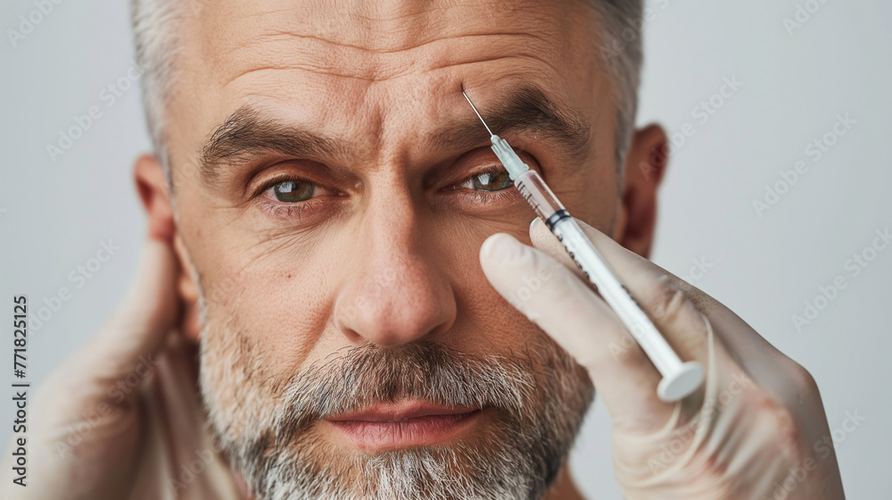 A man with a beard is receiving a botox injection on his forehead ...