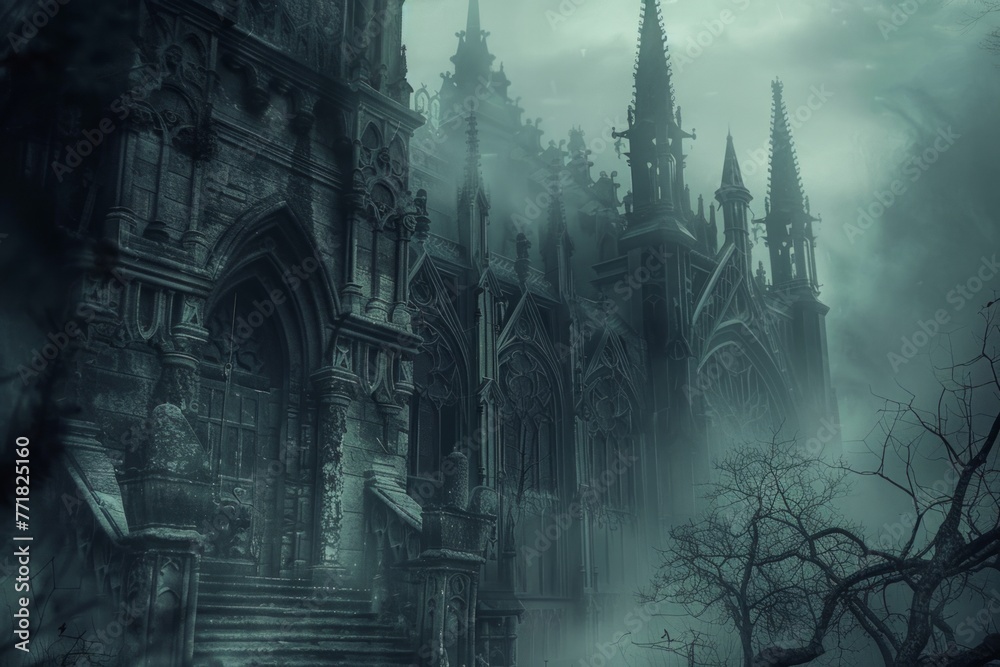 Gothic scene portraying a dark and foggy church with a towering archway ...