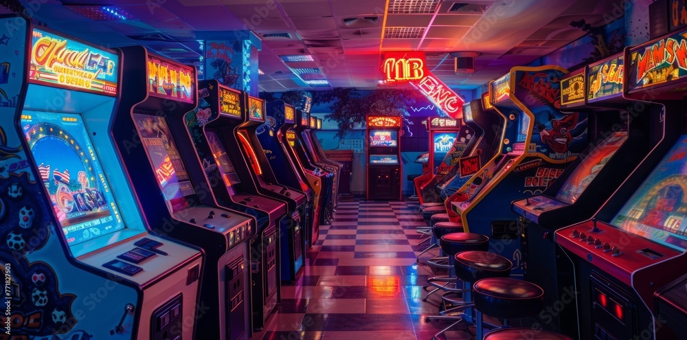 Vibrant neon sign lighting up a vibrant video game arcade scene, with ...