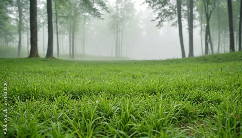 Green lawn with fresh grass against the backdrop of a foggy forest ...