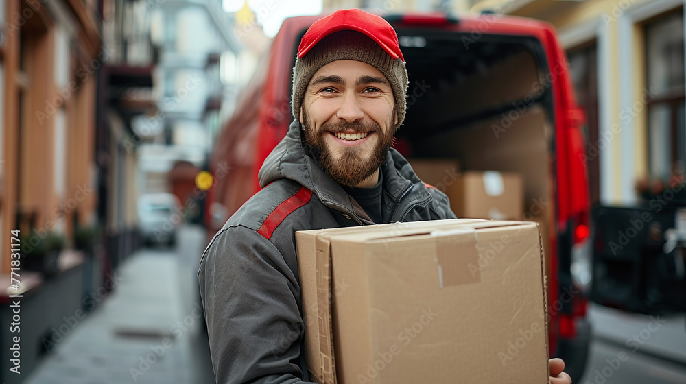 smiling courier man delivering a package in the street, e-commerce ...