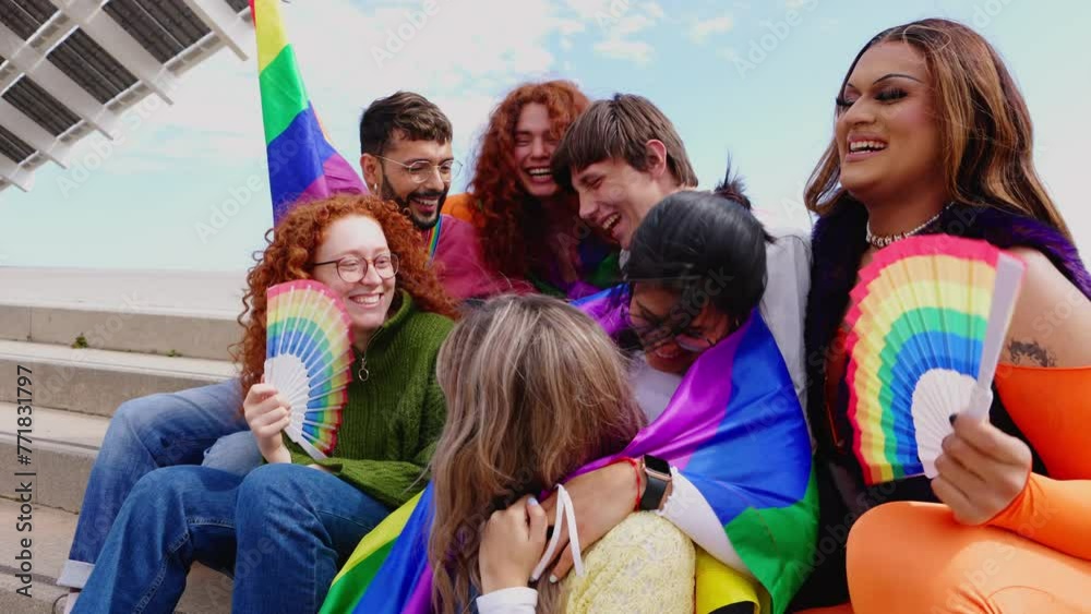 Happy group of gay people having fun celebrating together LGBT pride ...