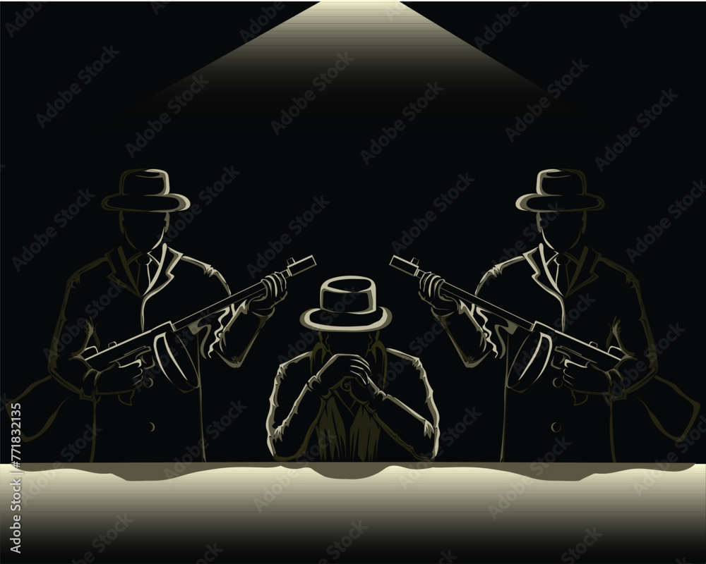 black white and yellow silhouette vector of three mafia men wearing ...