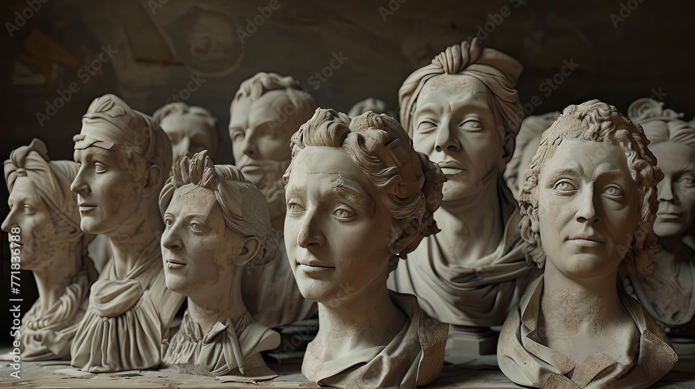 Busts of Ancient Human Figures in Gypsum Arranged in Groups for Artists ...