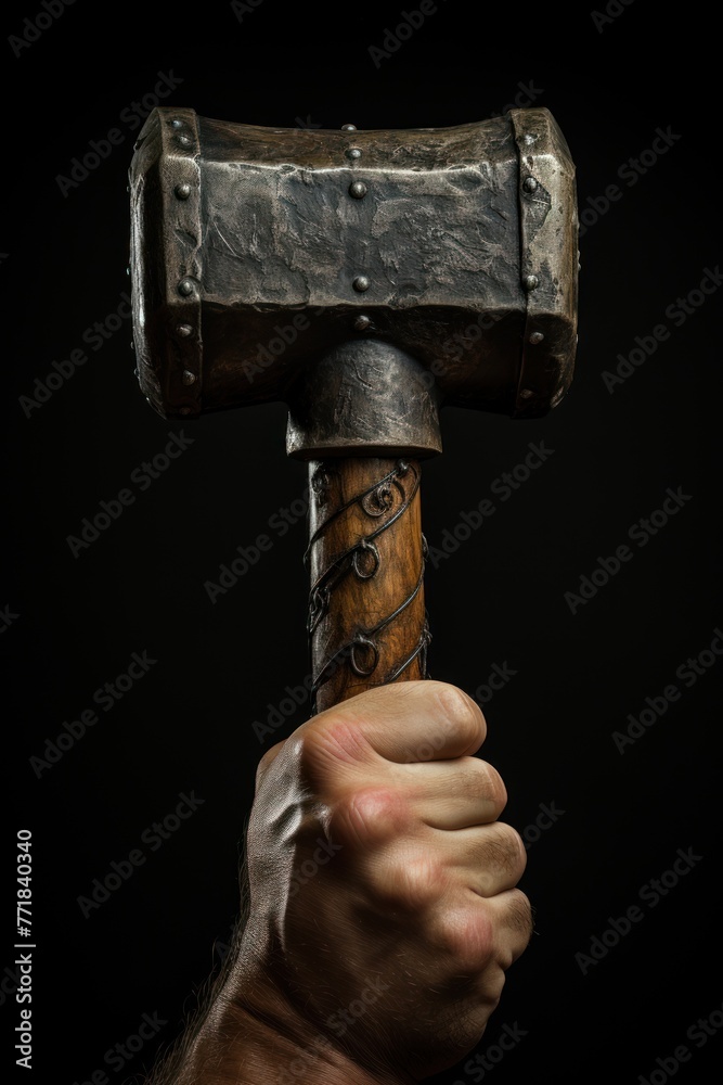 A hand grips a large metal hammer with a wooden handle. The handle is ...