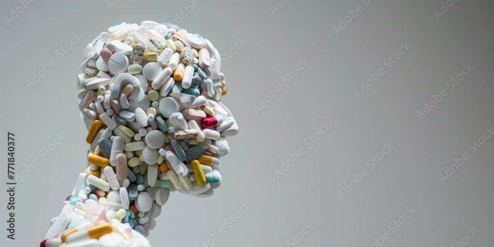Pills arranged in the shape of a human head on a light background. 3D ...