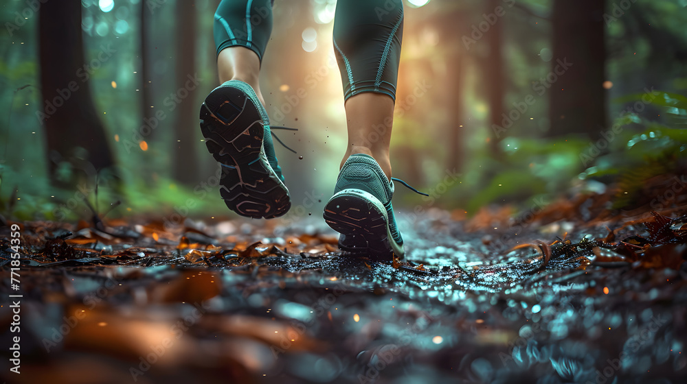 Lady trail runner walking on forest path with close up of trail running ...