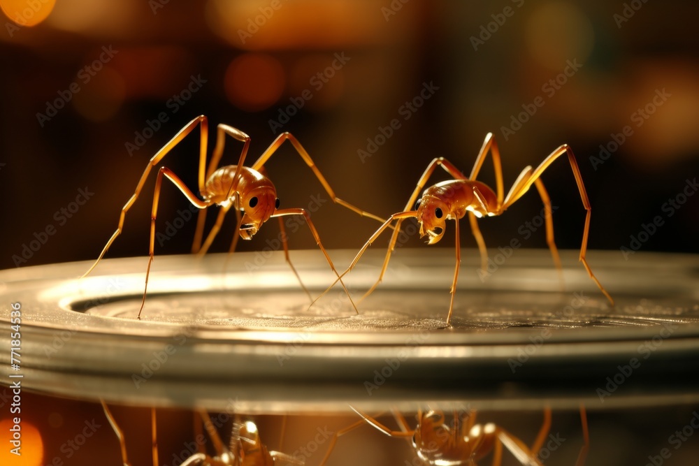 Acrobatic Ant Dance on Reflective Surface. Two agile ants perform a ...