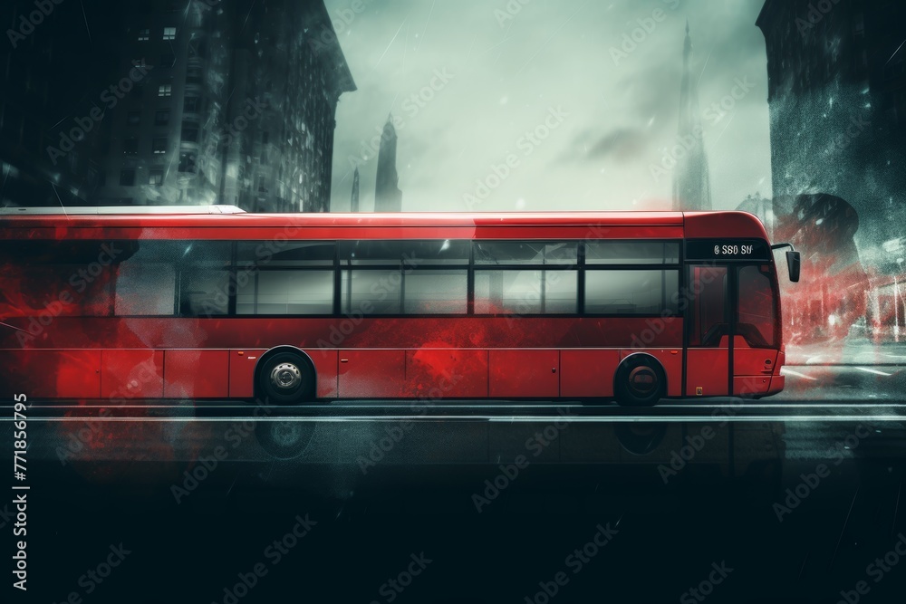 Red and black city bus drives through rainy street at night with lights ...