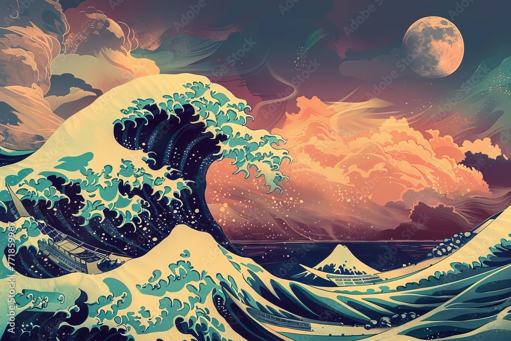 Great wave Japanese style,vintage wave illustration,Japanese art style ...