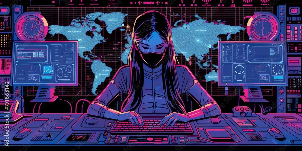 Vivid cyberpunk concept art of a female hacker working intensely at her ...