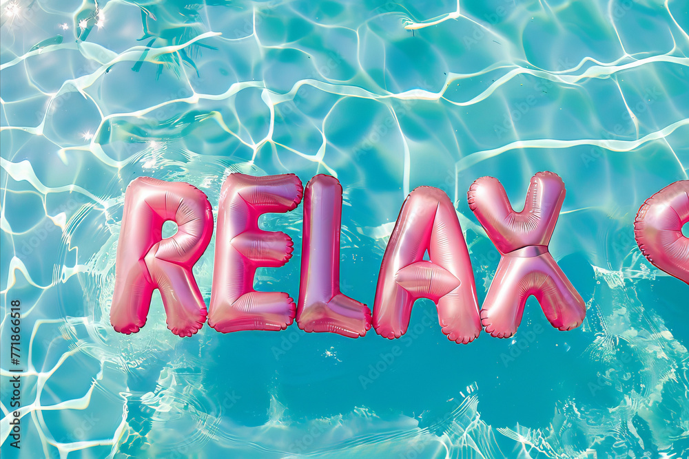 Relax word spelled out in inflatable pool floats in a summer holiday ...