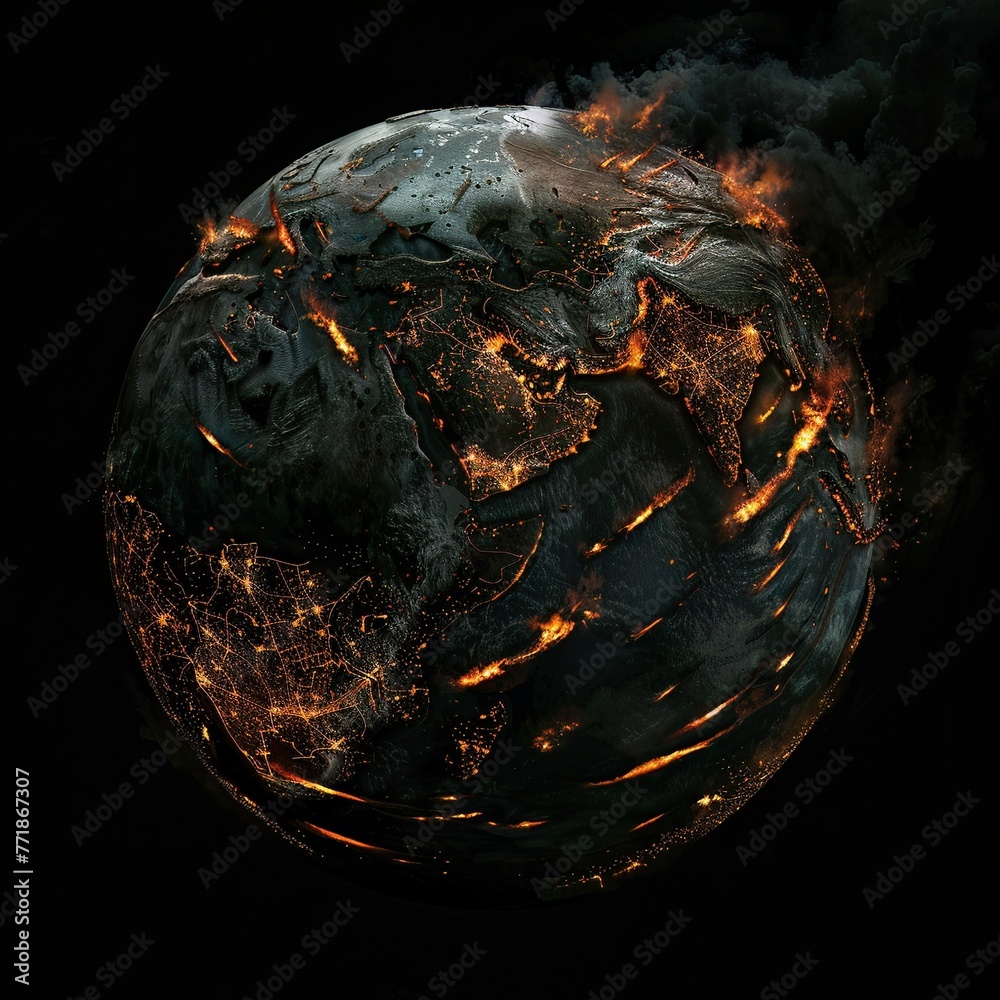 A detailed globe with fiery streaks highlighting major cities in flames ...