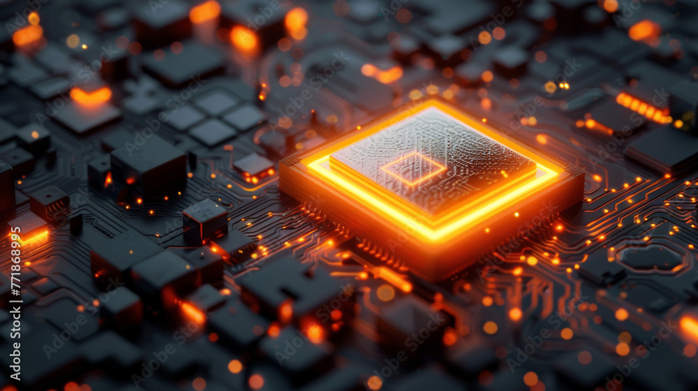 A glowing, 3D-printed trophy resembling a computer chip, against a dark ...