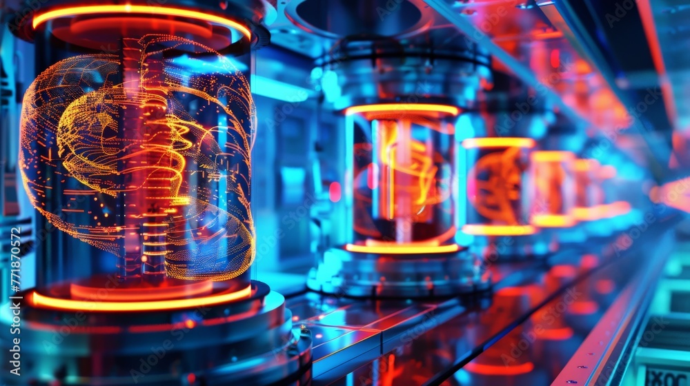 a state-of-the-art quantum computing core, illuminated by neon lights ...