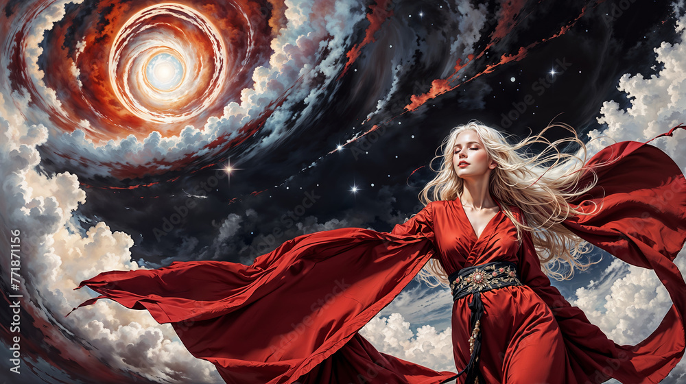 Fantasy air elemental princess with long blonde hair and red dress ...