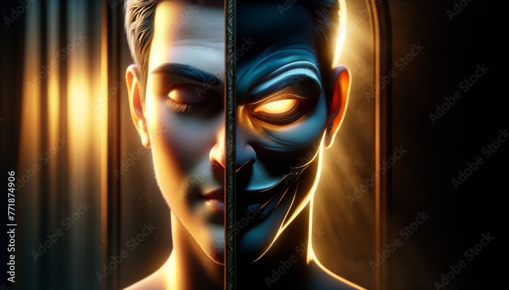 Half-lit visage split between a normal facade and a hidden, darker ...