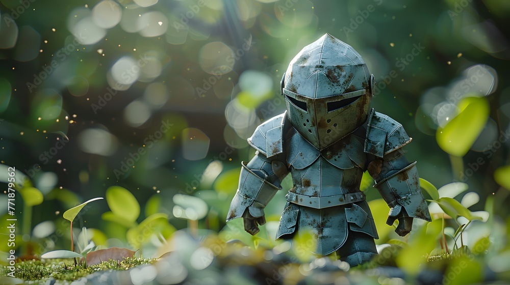 A lone knight armor paper craft figurine emerges within an enchanted ...